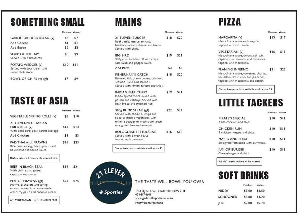 Menu at Gladesville Sporties restaurant, Gladesville