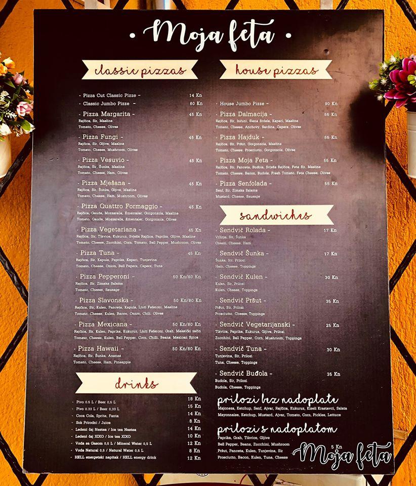 Menu at Moja Feta restaurant, Zadar