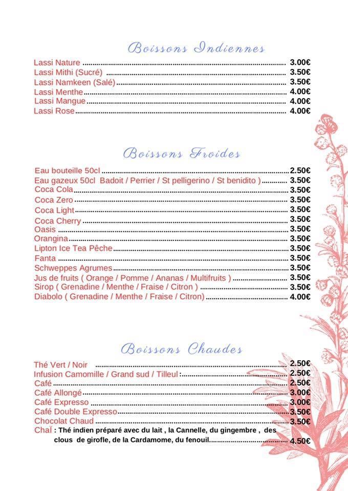 Menu at Namaste India restaurant, Troyes