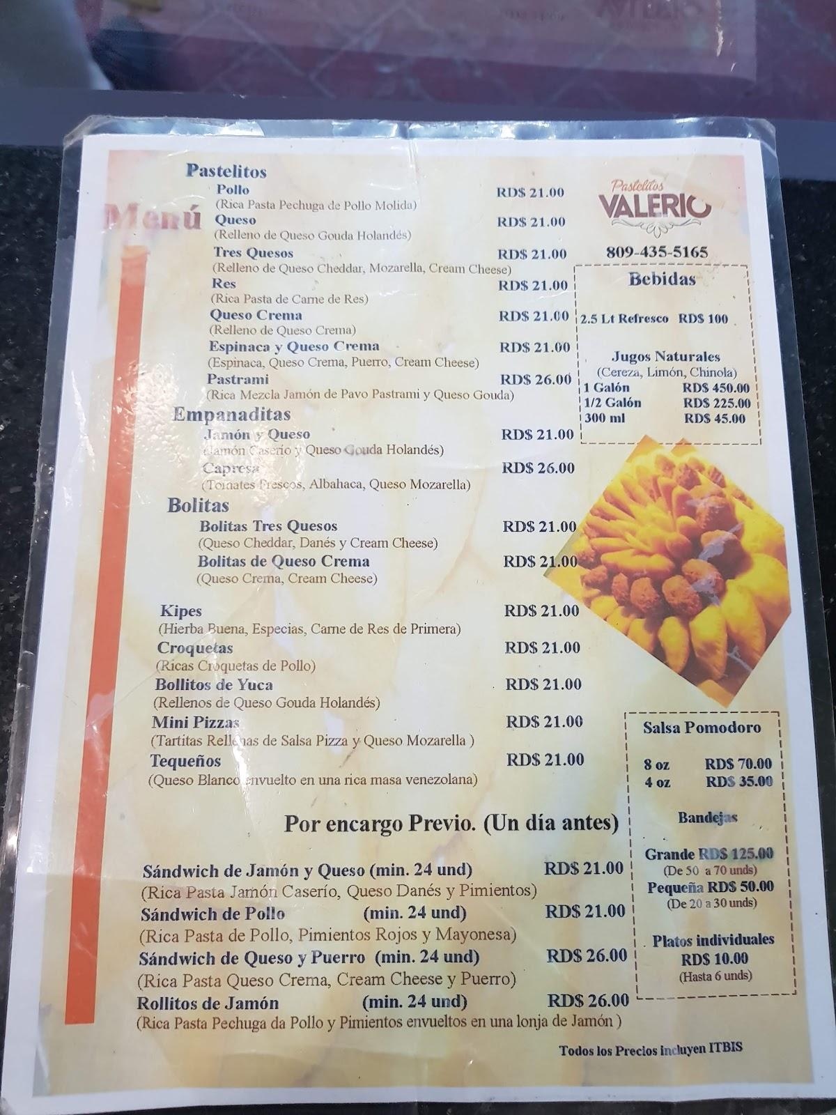 Menu at Pastelitos Valerio restaurant, Santo Domingo, C. Luis F. Thomen 318