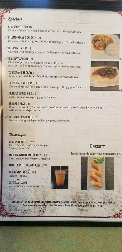 Menu at Pho Cao restaurant, Wichita