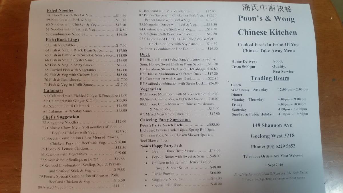 Menu at Poon's & Wong Chinese Kitchen fast food, Geelong West