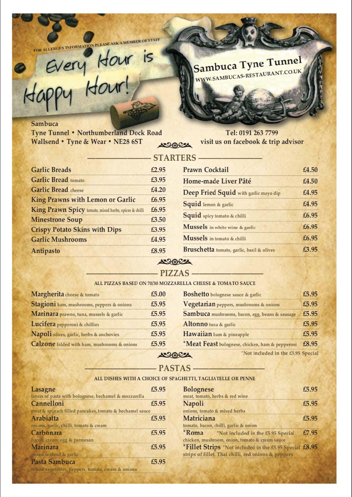 Menu at Sambuca - Tyne Tunnel restaurant, Wallsend