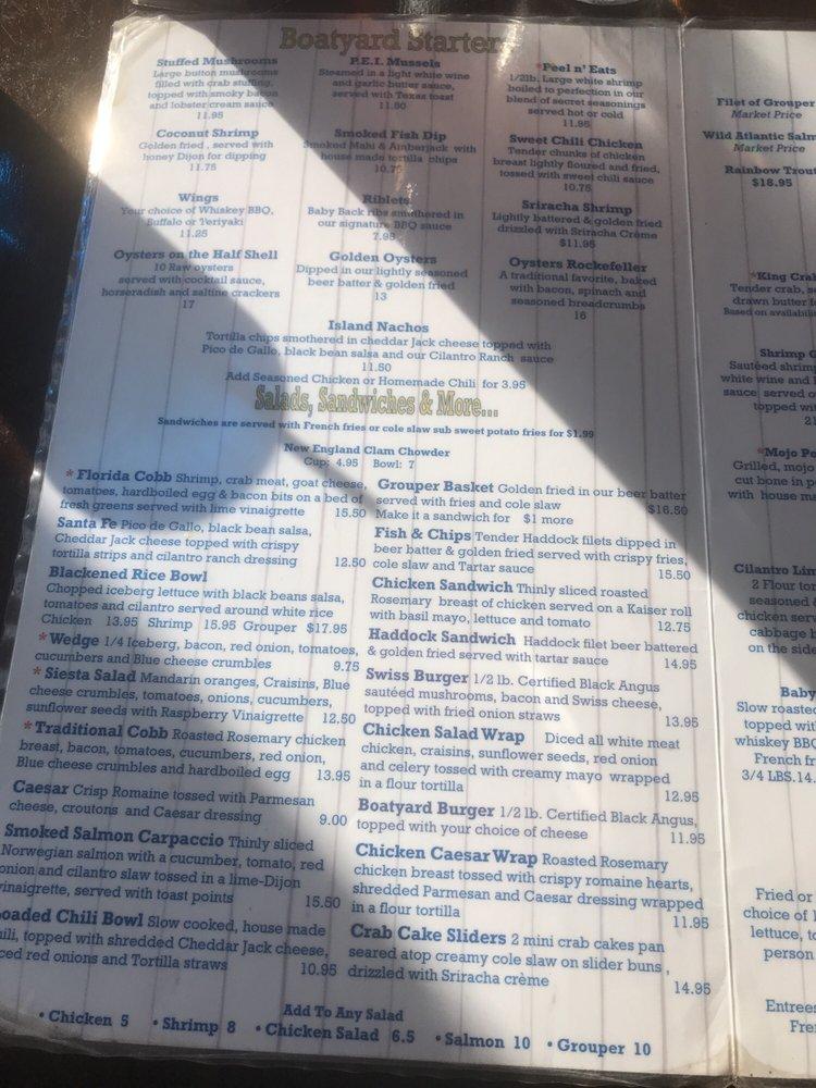 Menu at The Boatyard Waterfront Bar and Grill, Sarasota