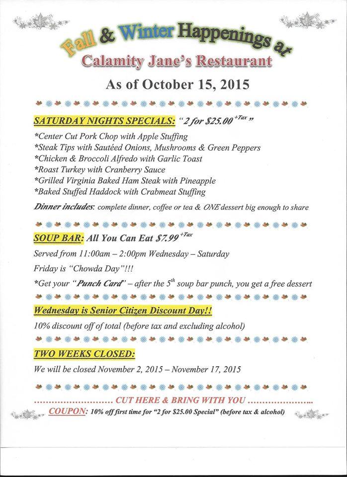 Menu at Calamity Jane's Restaurant, Warren