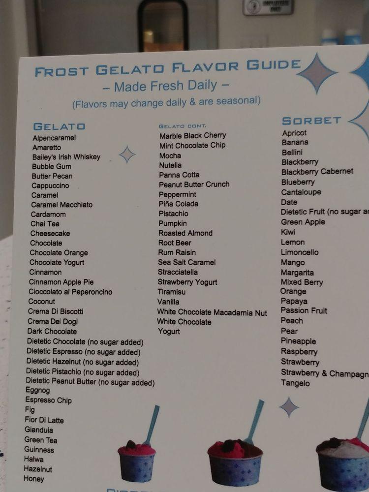 Menu at Frost Gelato at SanTan Village restaurant, Gilbert