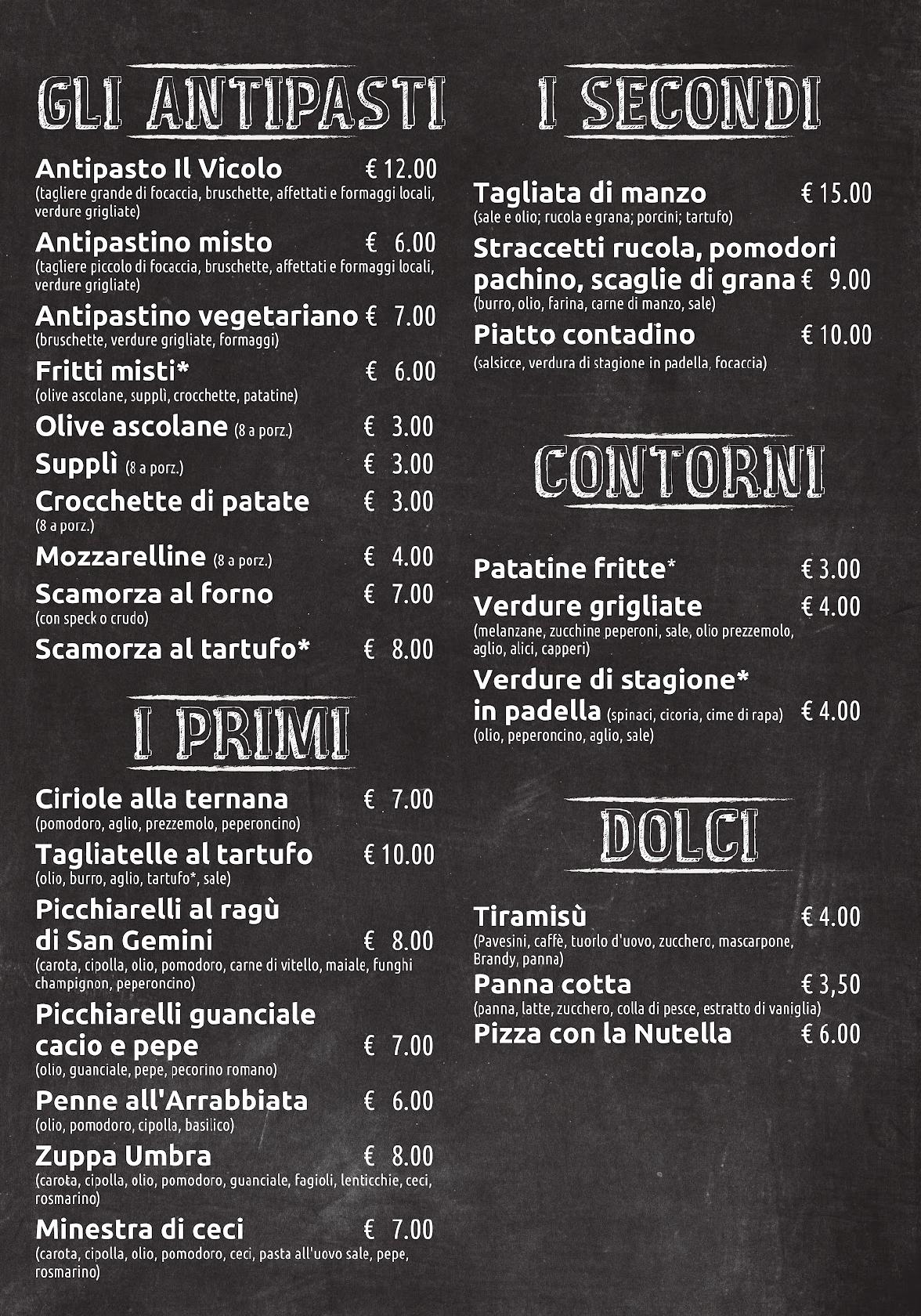 Menu da Il Vicolo pizzeria bistrot, San Gemini