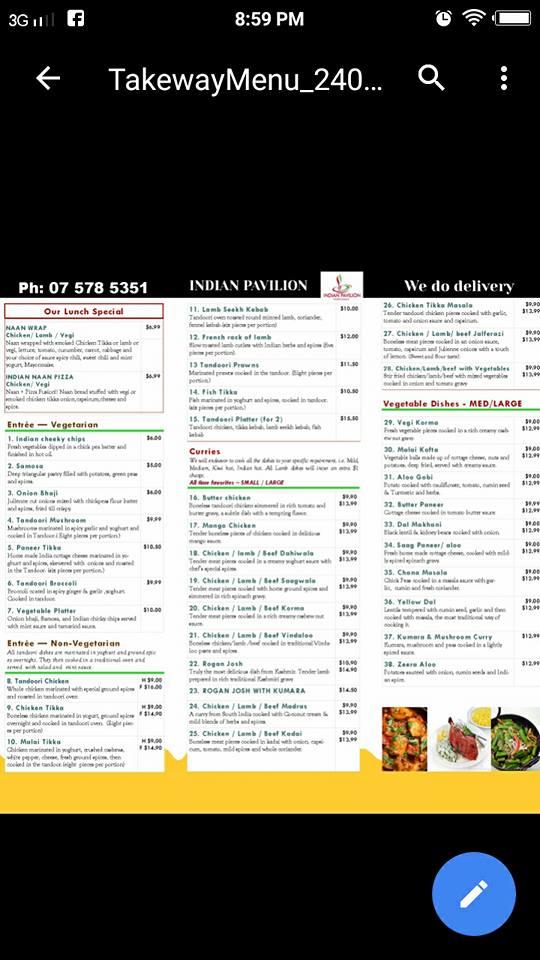 Menu at Indian Pavilion restaurant, Tauranga