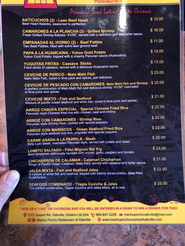 Menu at Machu Picchu restaurant, Oakville, Speers Rd