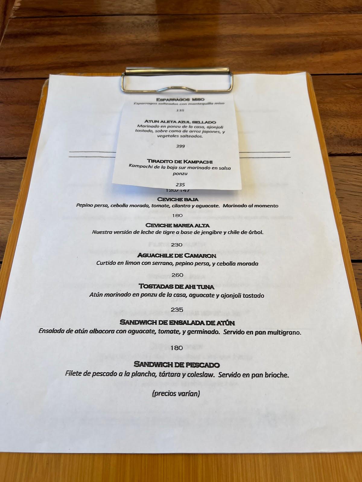 Menu at Marea Alta restaurant, Puerto Nuevo