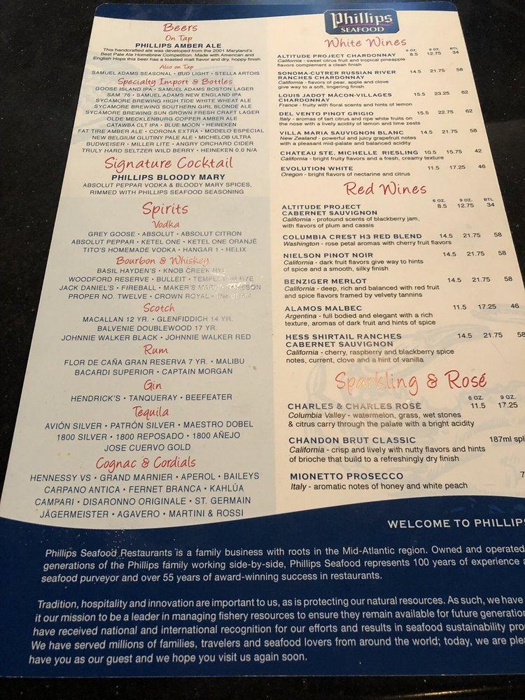 Carta del restaurante Phillips Seafood, Charlotte