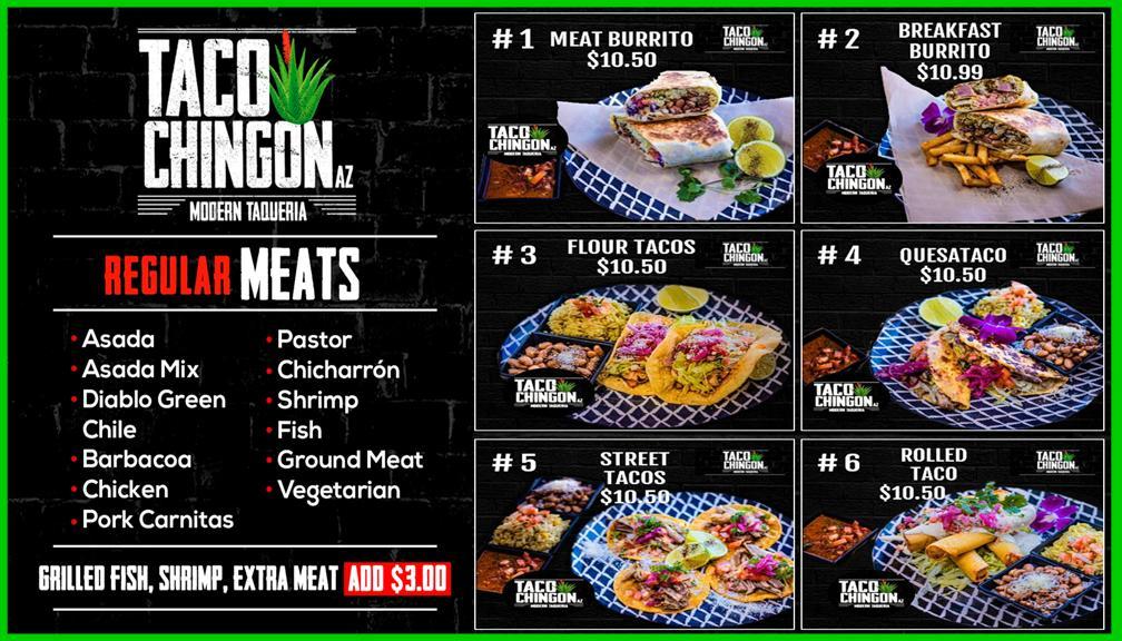 Menu at TACO CHINGON AZ restaurant, Phoenix
