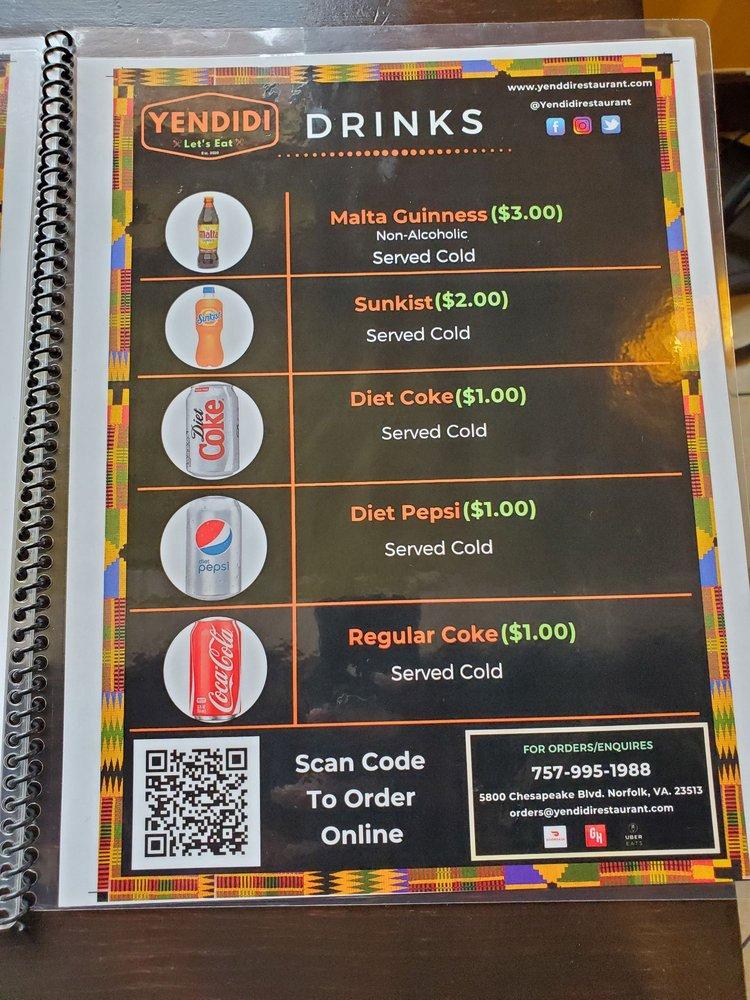 Menu at Yendidi Norfolk restaurant, Norfolk