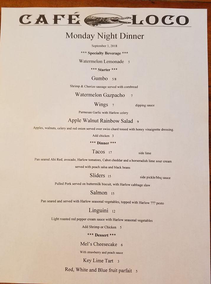 Menu at Cafe Loco, Westminster
