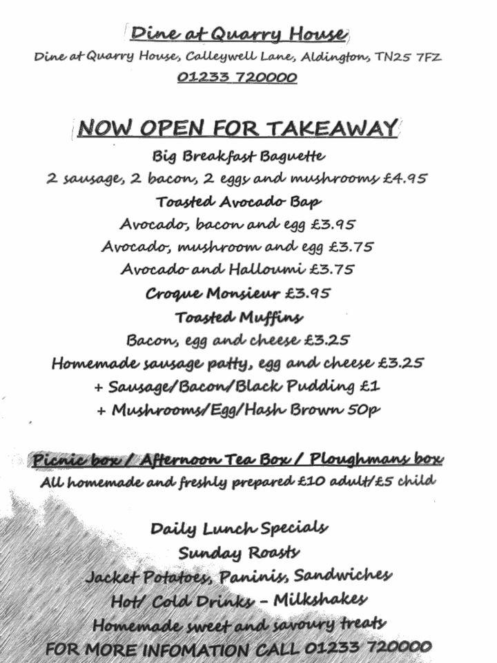 Menu at Dine at Quarry House Aldington cafe, Ashford