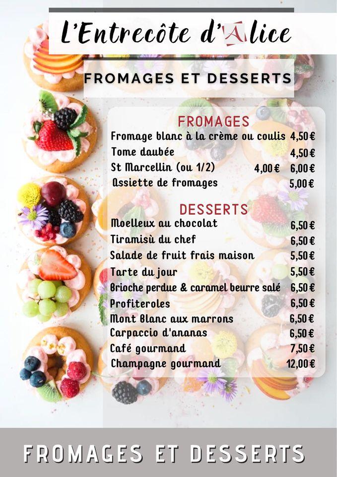 Menu au L'Entrecôte D'Alice restaurant, Estrablin