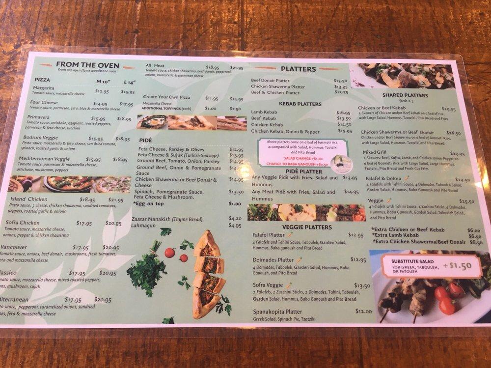 Menu at Sofra Mediterranean Kitchen restaurant, Vancouver