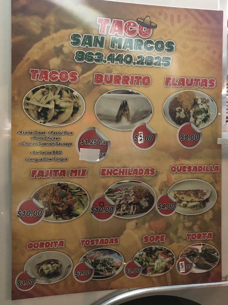 Menu at Taco San Marcos restaurant, Lakeland, 434 W Pipkin Rd