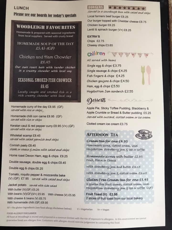 Menu at Woodleigh Coach House guest house and cafe, Cheriton Bishop