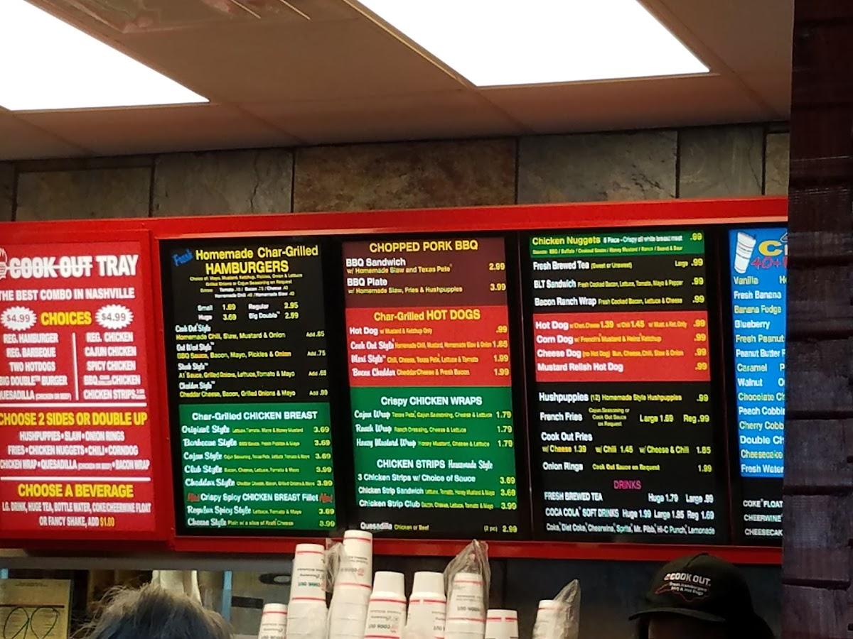 Menu at Cook Out fast food, Nashville, Gallatin Pike
