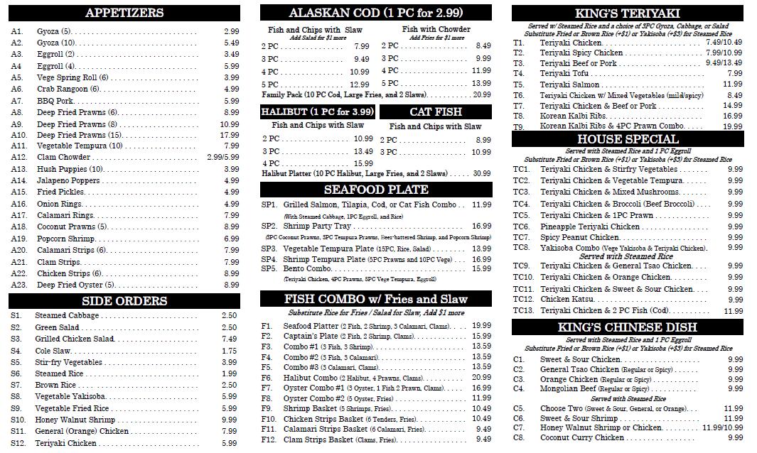 Menu at King's Fish & Chips restaurant, Port Orchard