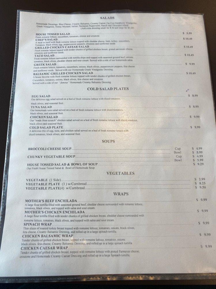 Menu at Mother Earth's Cafe, Fort Walton Beach
