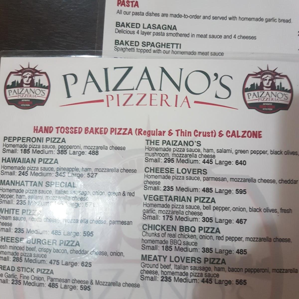 Menu at Paizano's Pizzeria, Angeles