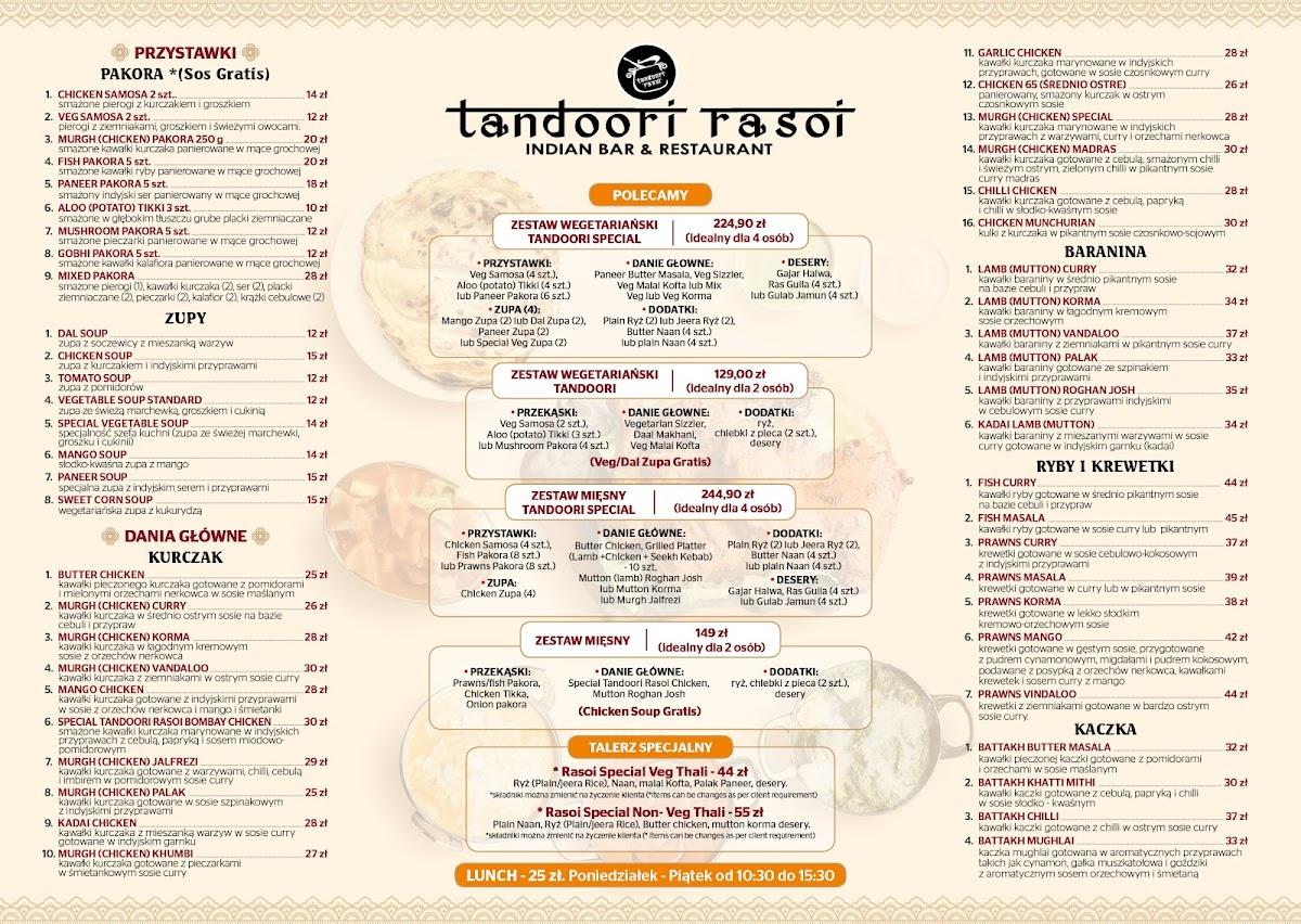 Carta de Tandoori Rasoi, Indian Bar & Restaurant, Białystok