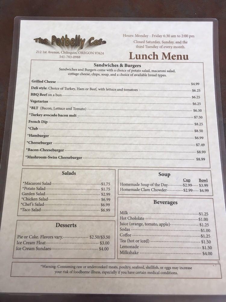 Menu at The Potbelly Cafe, Chiloquin