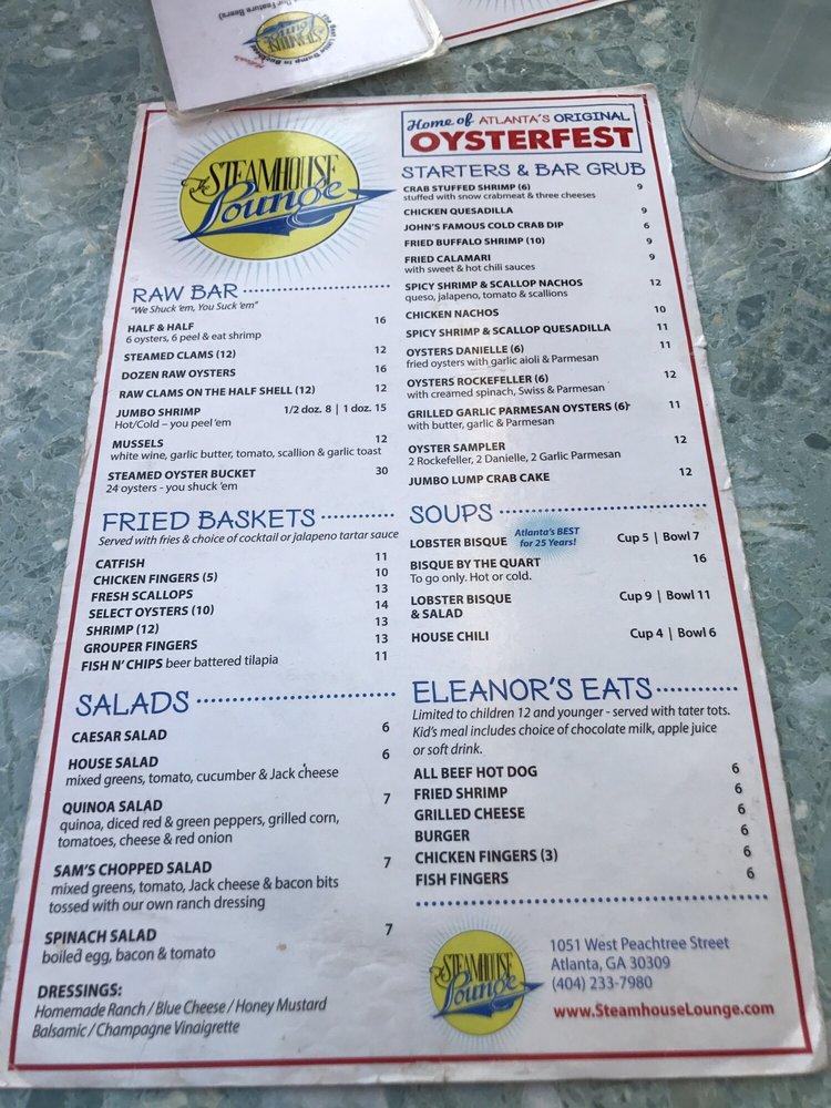 Menu at The Steamhouse Lounge pub & bar, Atlanta, W Peachtree St NW