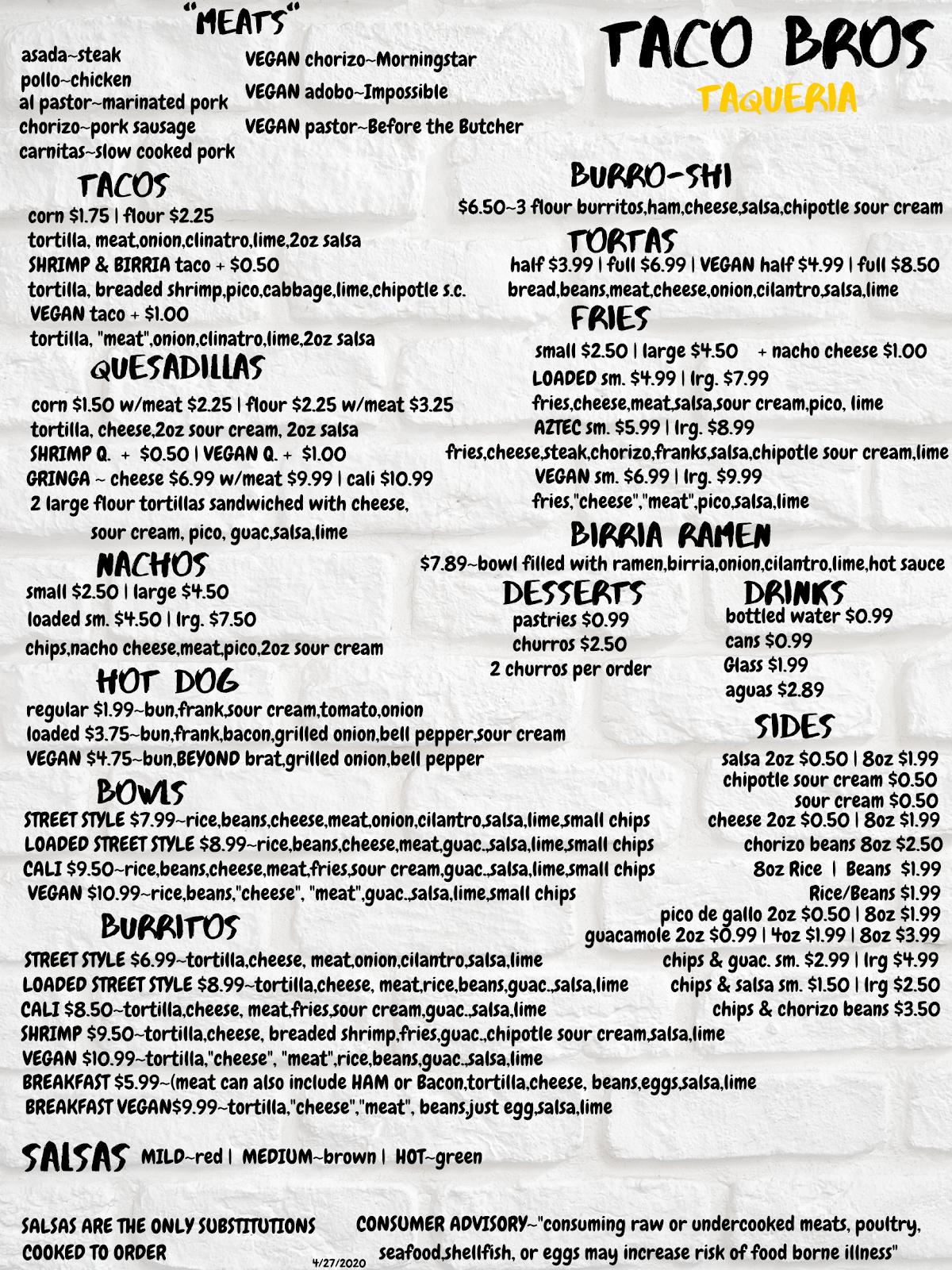 Menu at taco bros restaurant, Wyandotte
