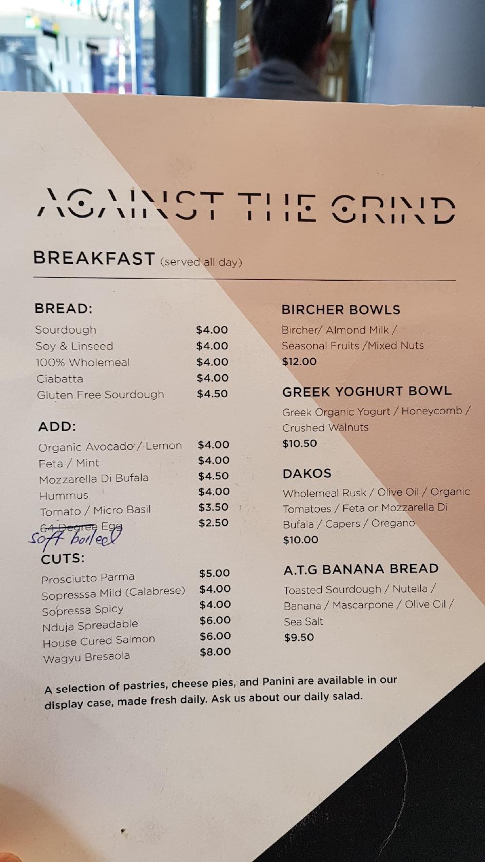 Menu at Against The Grind cafe, Neutral Bay