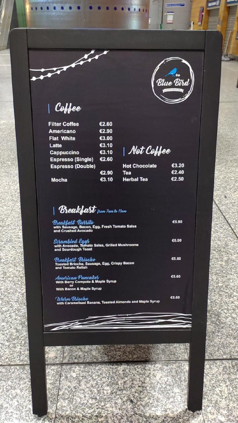 Menu at Blue Bird Coffee Roasters cafe, Cork