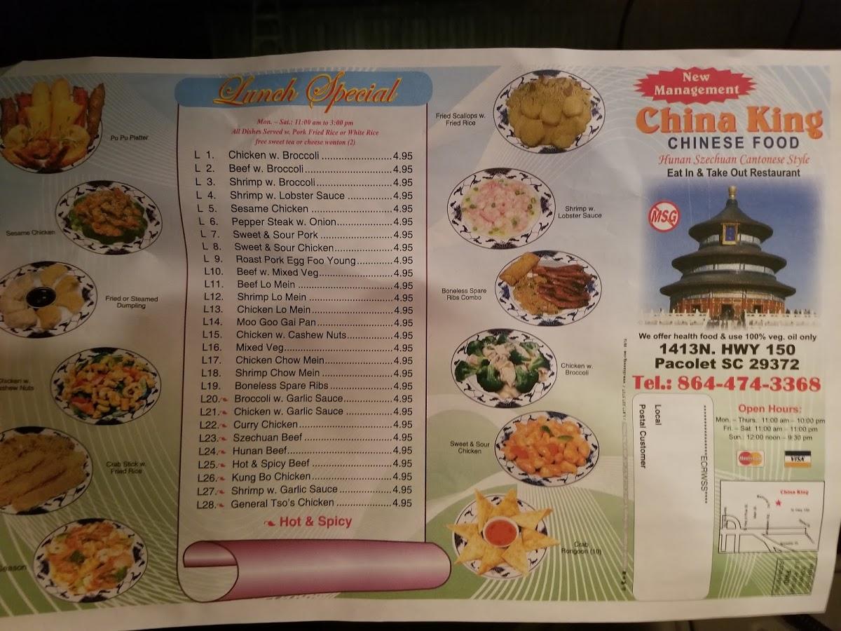 Menu at China King restaurant, Pacolet