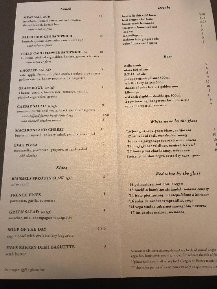 Menu at Eva desserts, Salt Lake City