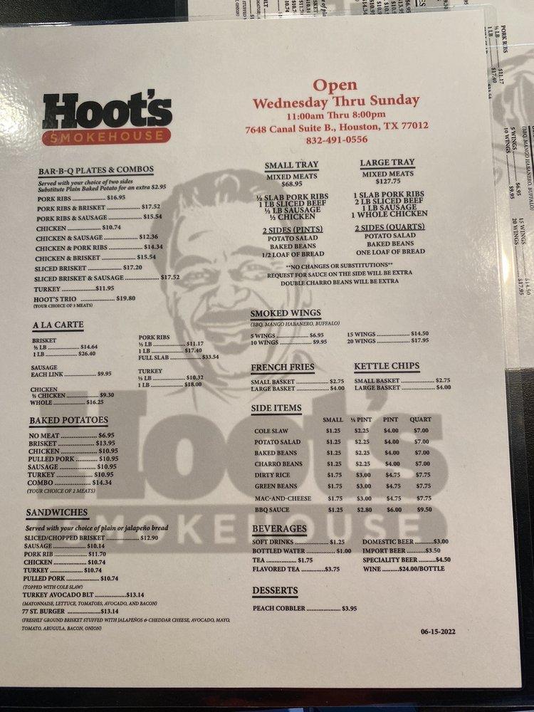Menu at Hoot's Smokehouse BBQ, Houston