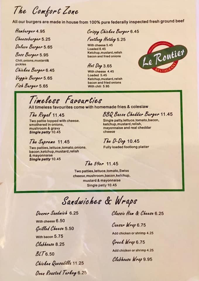 Menu at Le Routier Restaurant, St-Pierre-Jolys
