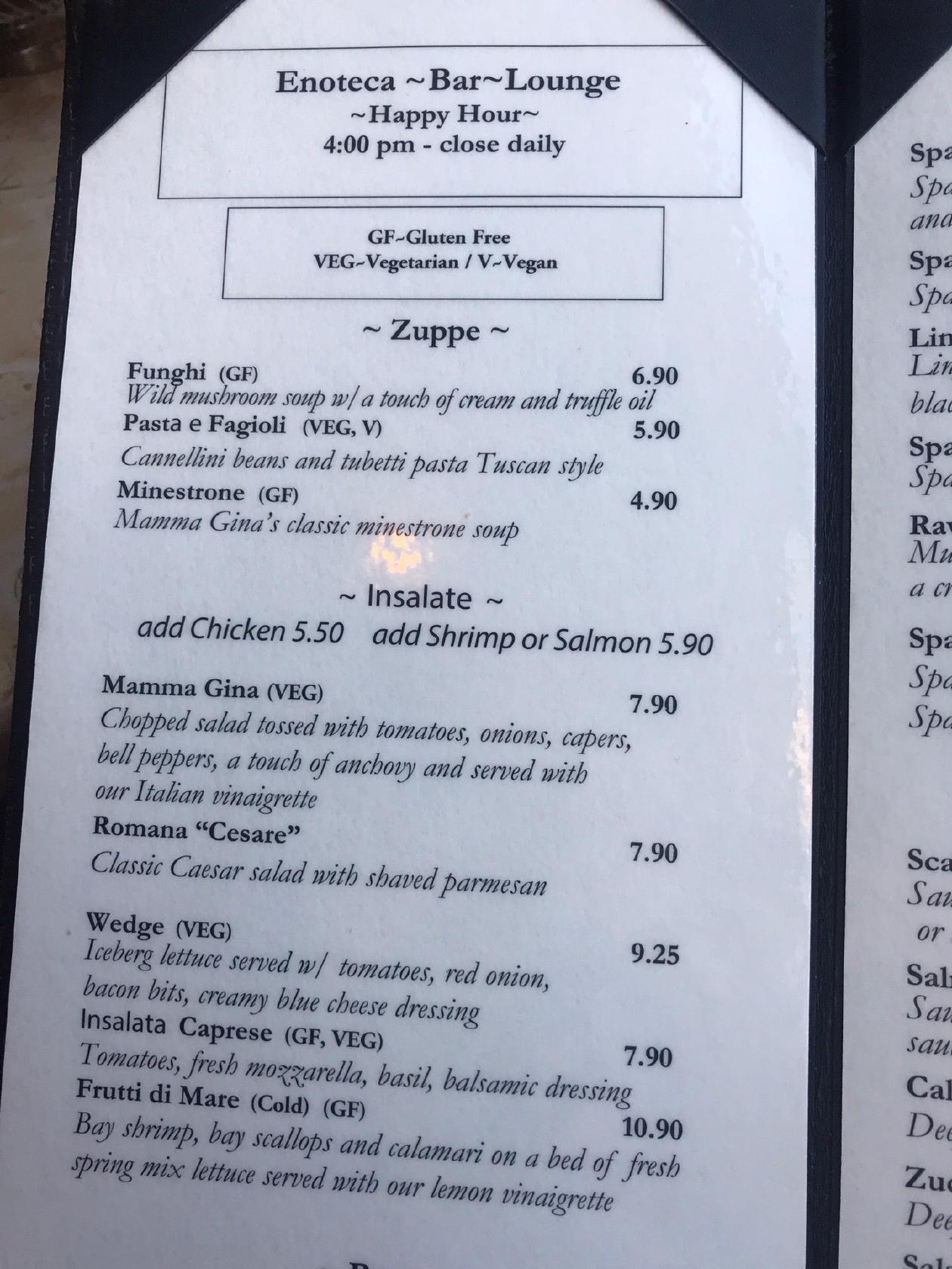 Menu at Ristorante Mamma Gina restaurant, Palm Desert