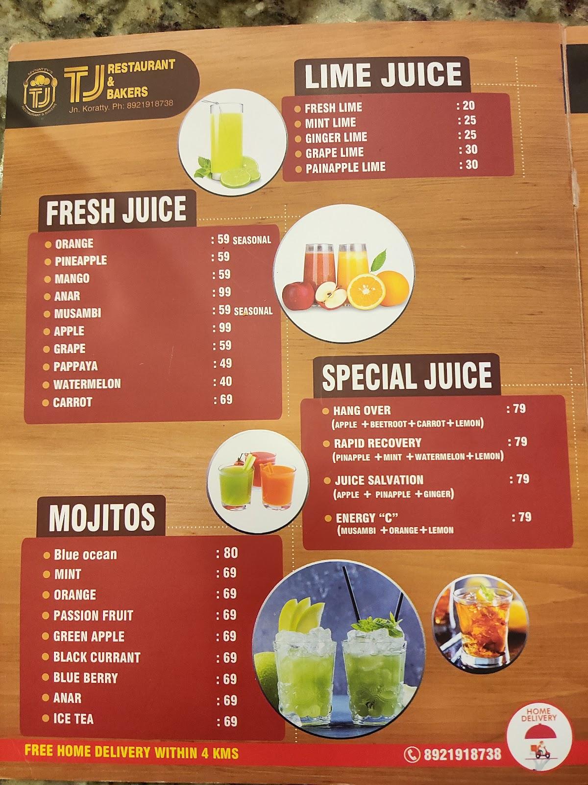 Menu at TJ Restaurant and Bakers, Koratty