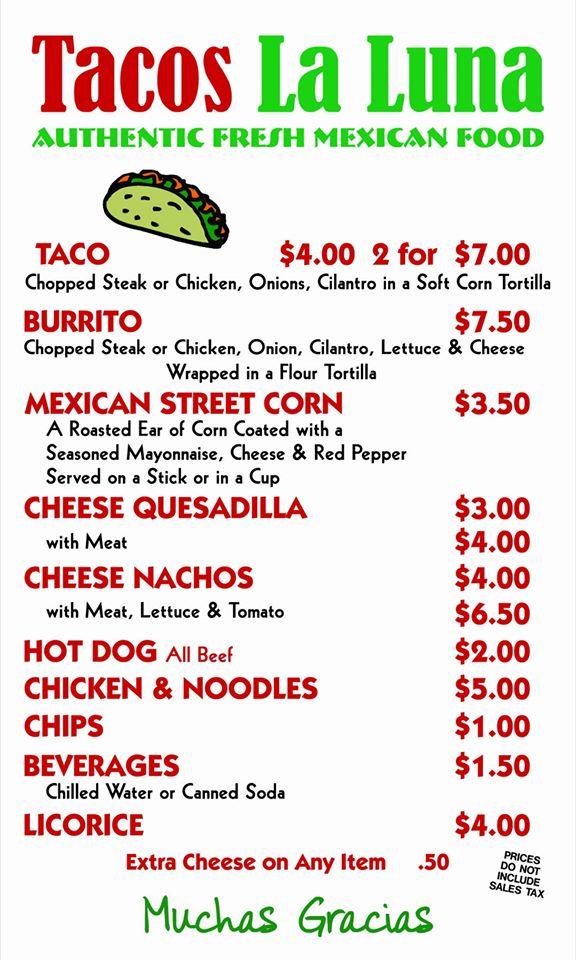 Menu at Tacos La Luna, USA