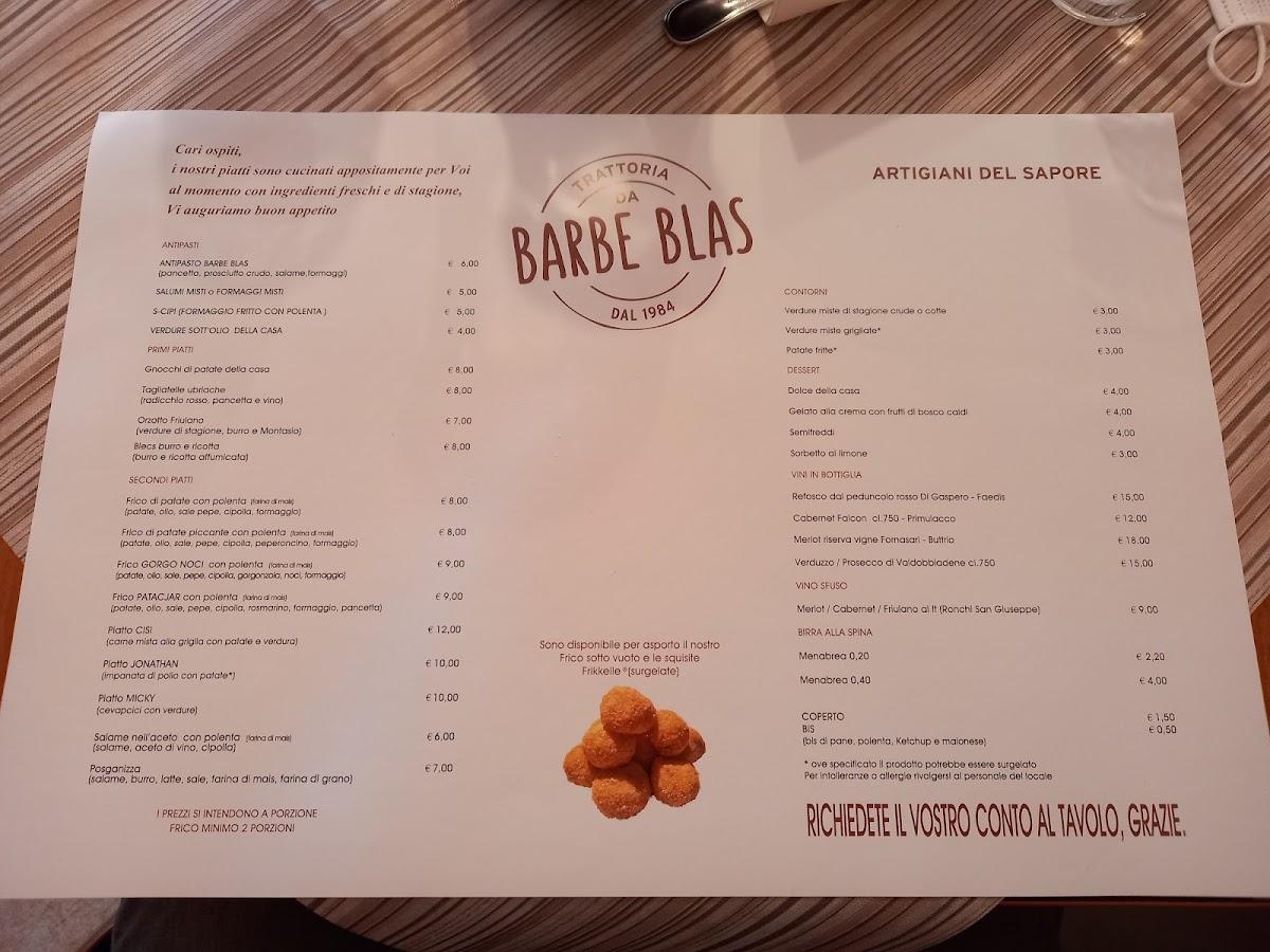 Menu at Trattoria da Barbe Blas, Attimis