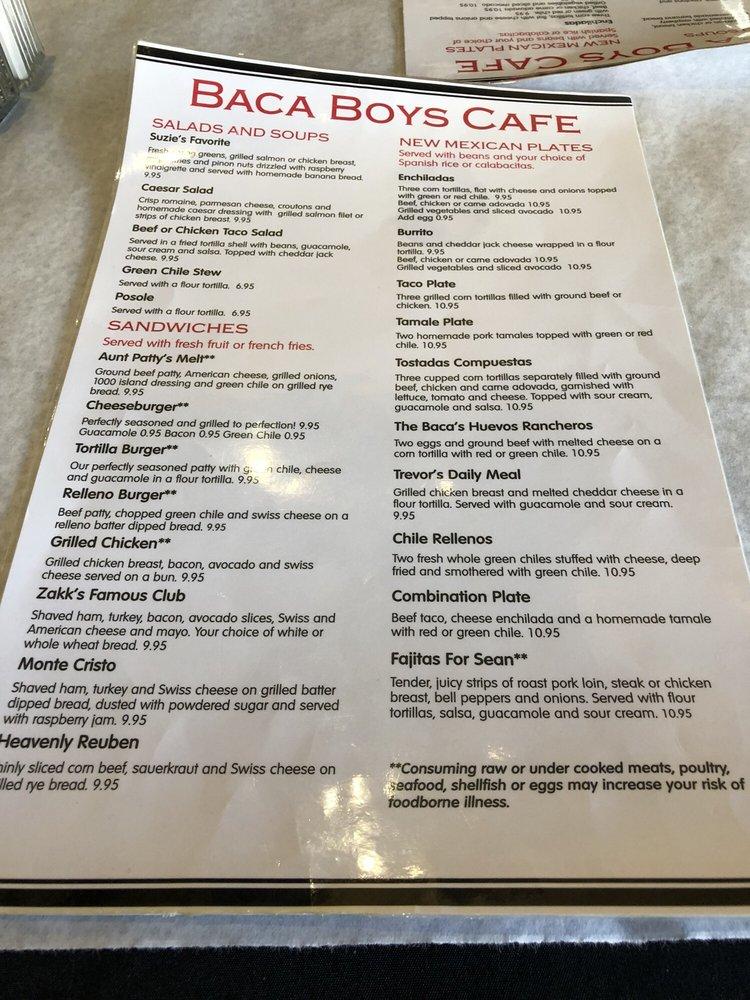 Menu at Baca Boys Cafe, Albuquerque