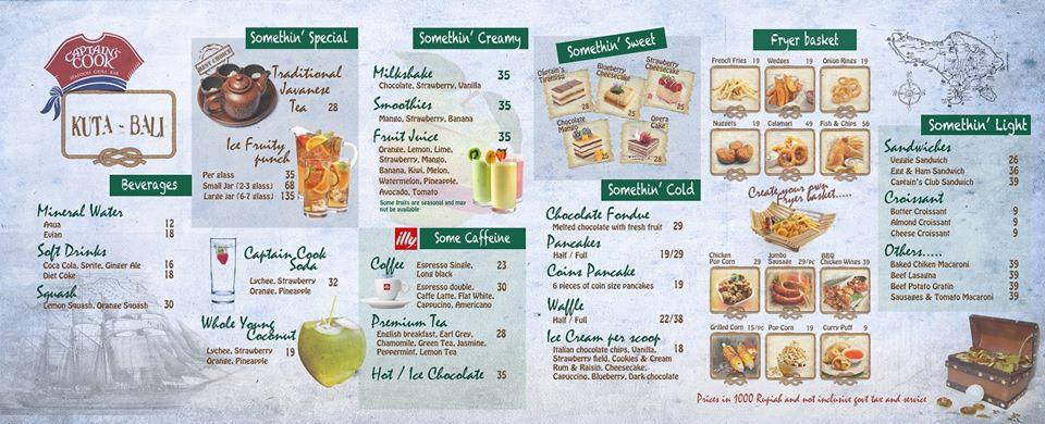 Menu at Captain's Cook Bali restaurant, Kuta