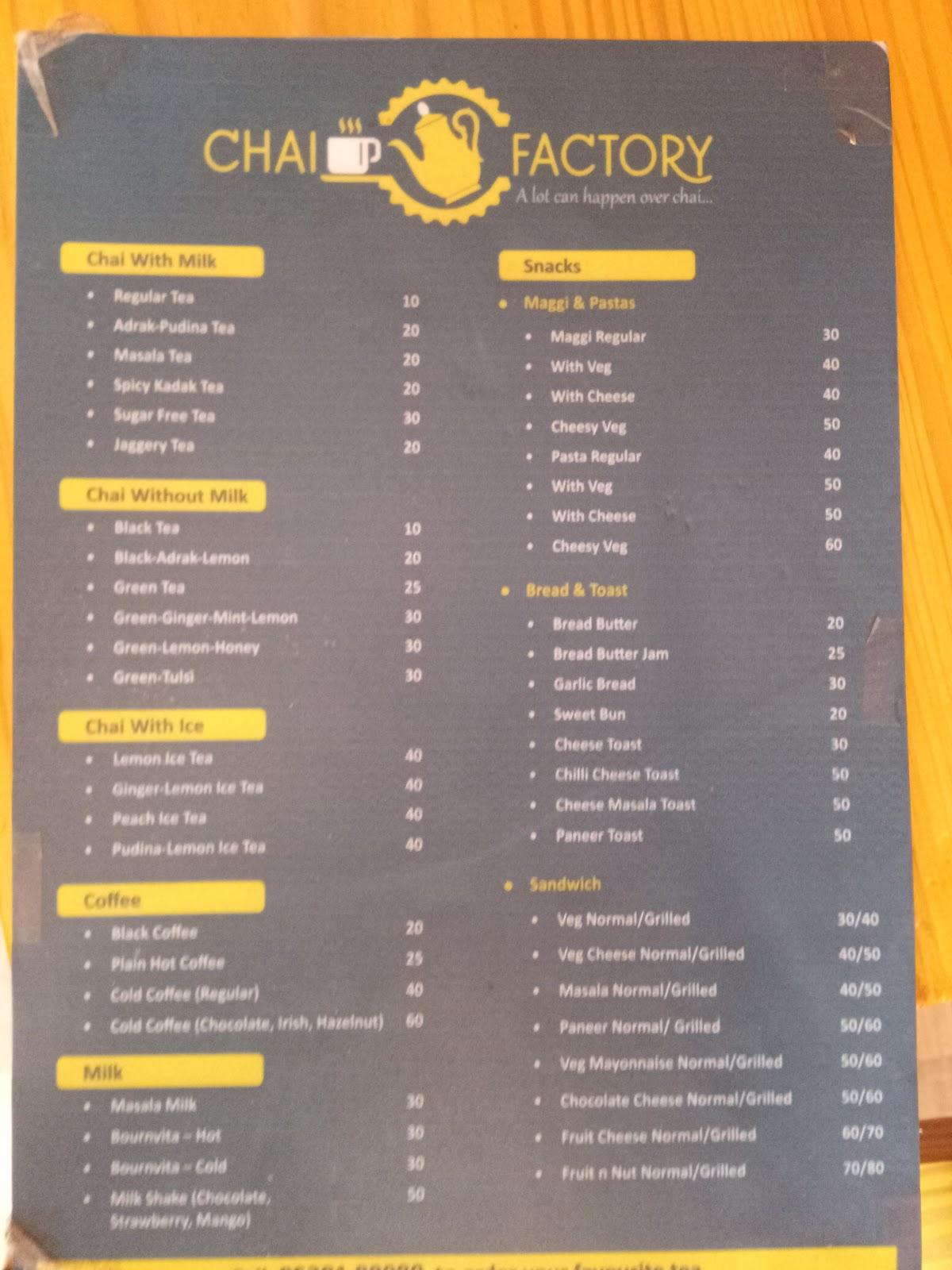 Menu at Chai Factory, Belgaum