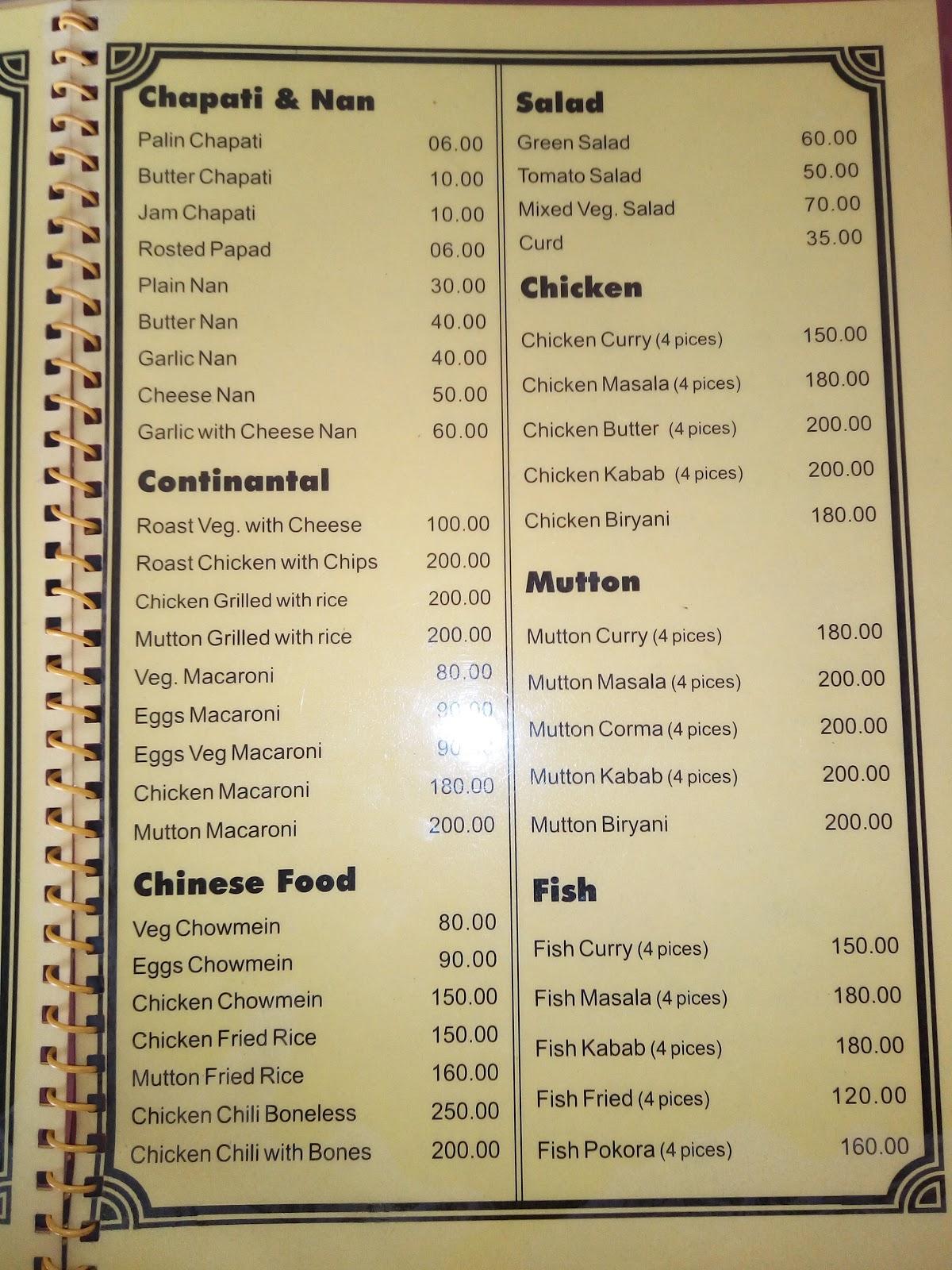 Menu at Dada Boudir Hotel, Khajuraho