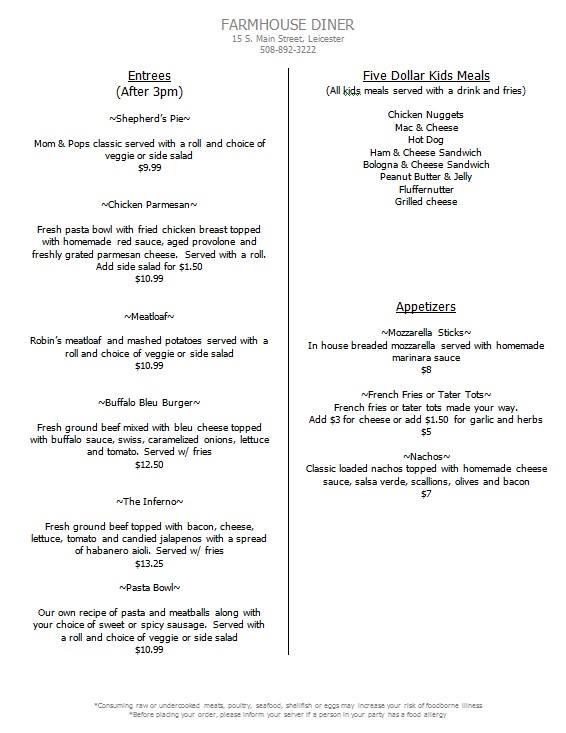 Menu at Farmhouse Diner restaurant, Leicester