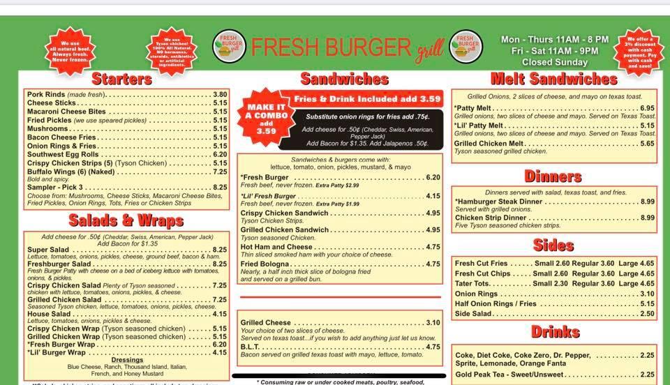 Menu at Fresh Burger Grill restaurant, Soddy-Daisy, Dayton Pike #4309