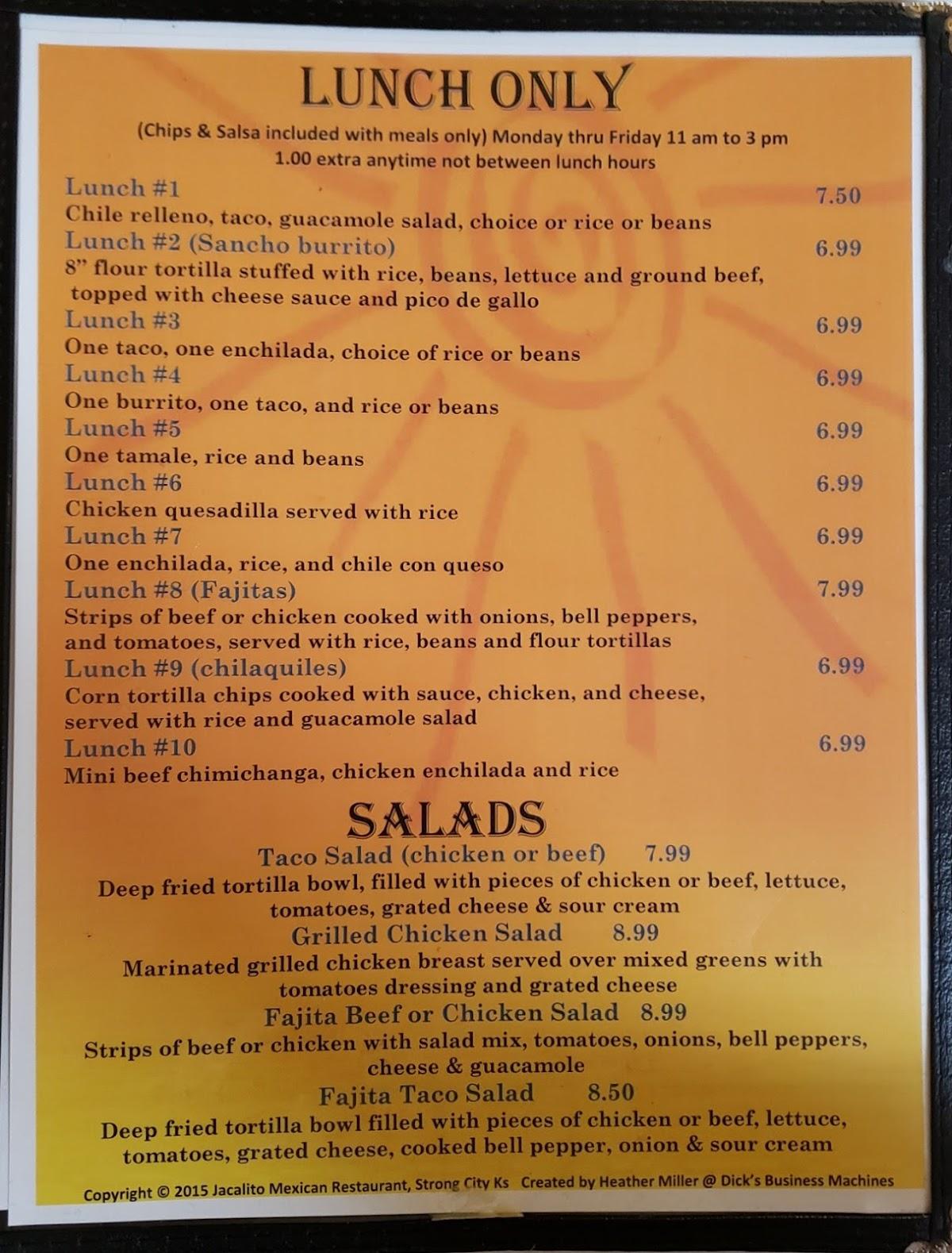 Menu at Jacalito Mexican Restaurant, Strong City
