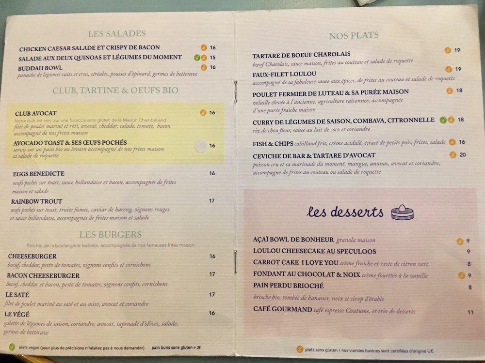 Menu at Loulou cafe, Paris, 90 Bd Saint-Germain