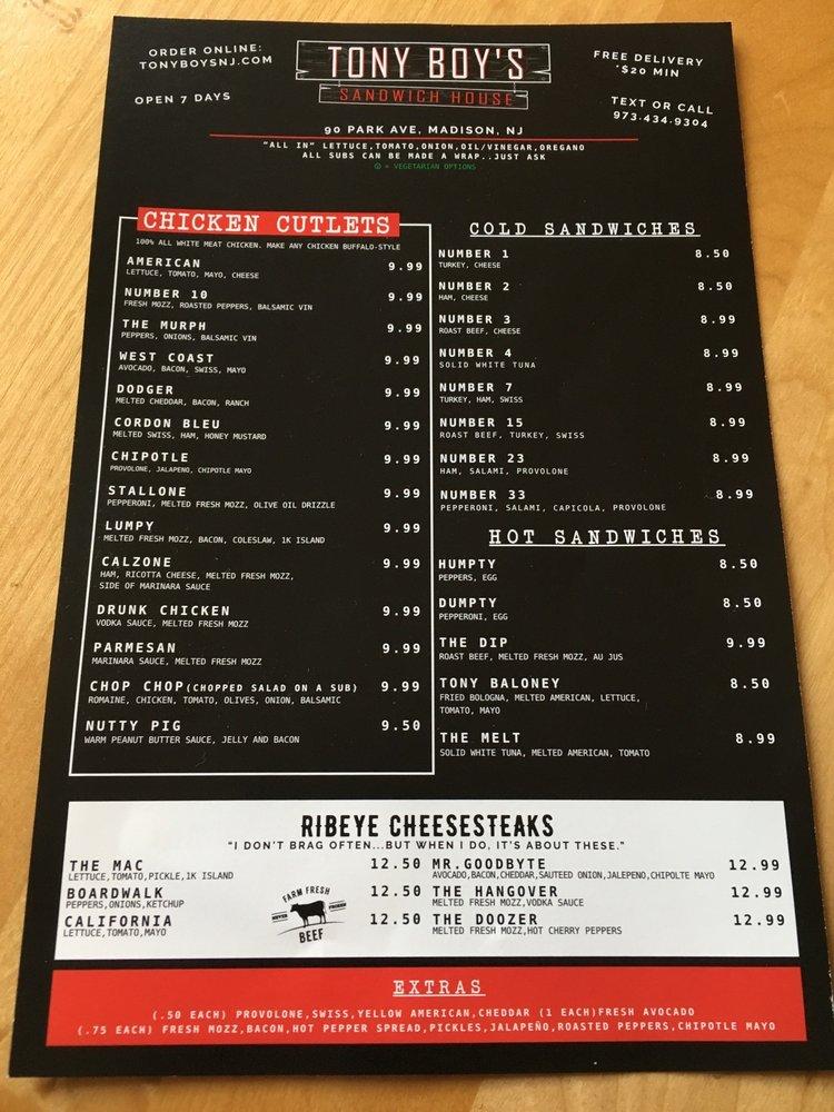 Menu at Tony Boys Sandwich House restaurant, Madison